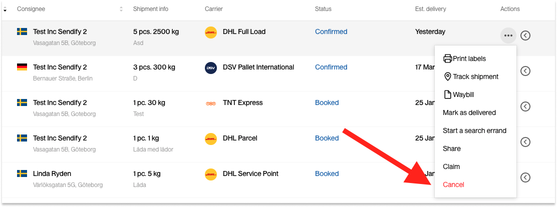 Cancel shipment or pick up